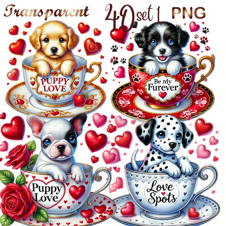 40 PNG Set 1 Valentines Day Puppy Cups Clipart Bundle, Holiday Cup ...
