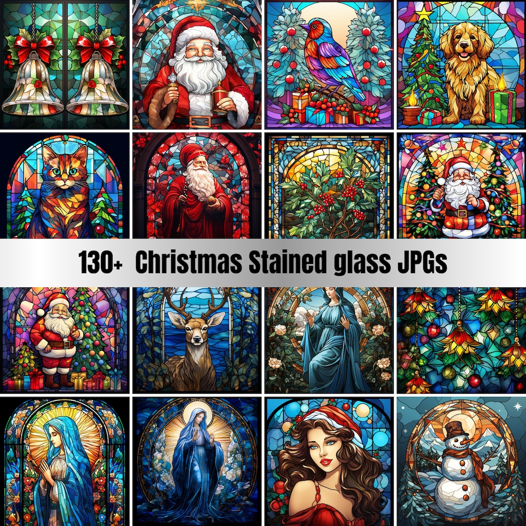 130+ Christmas Stained Glass Digital Paper, Christmas Santa Background ...
