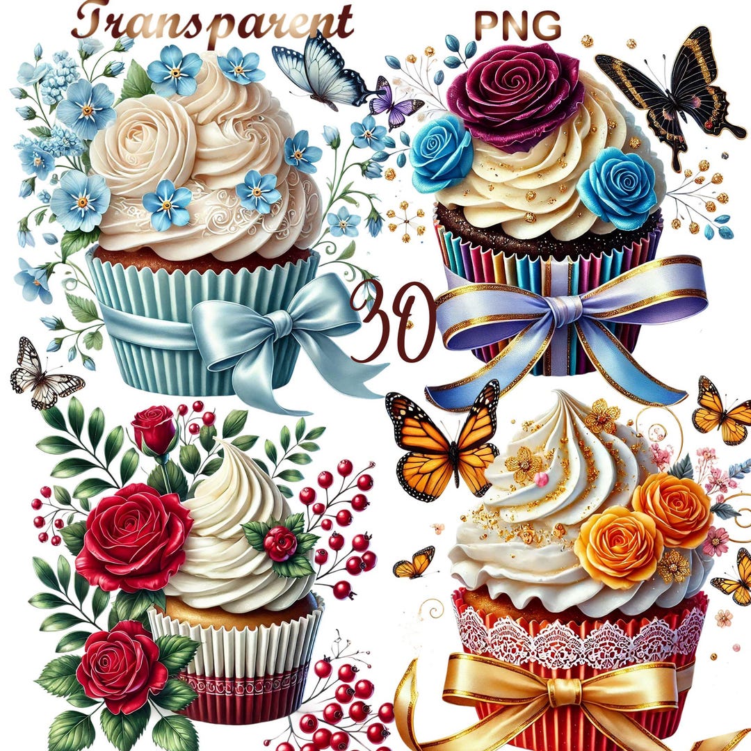 30 PNG Cupcake Clipart Bundle, Baking Clipart, Dessert Clipart, Food ...