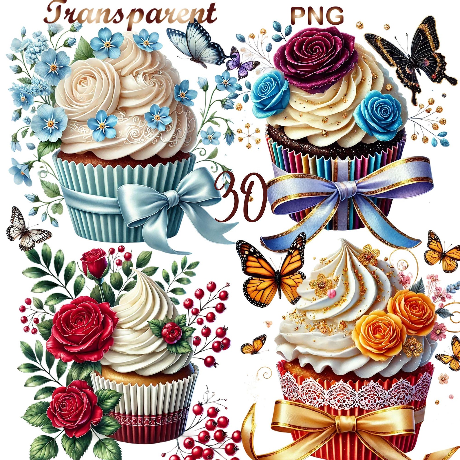 30 PNG Cupcake Clipart Bundle, Baking Clipart, Dessert Clipart, Food ...