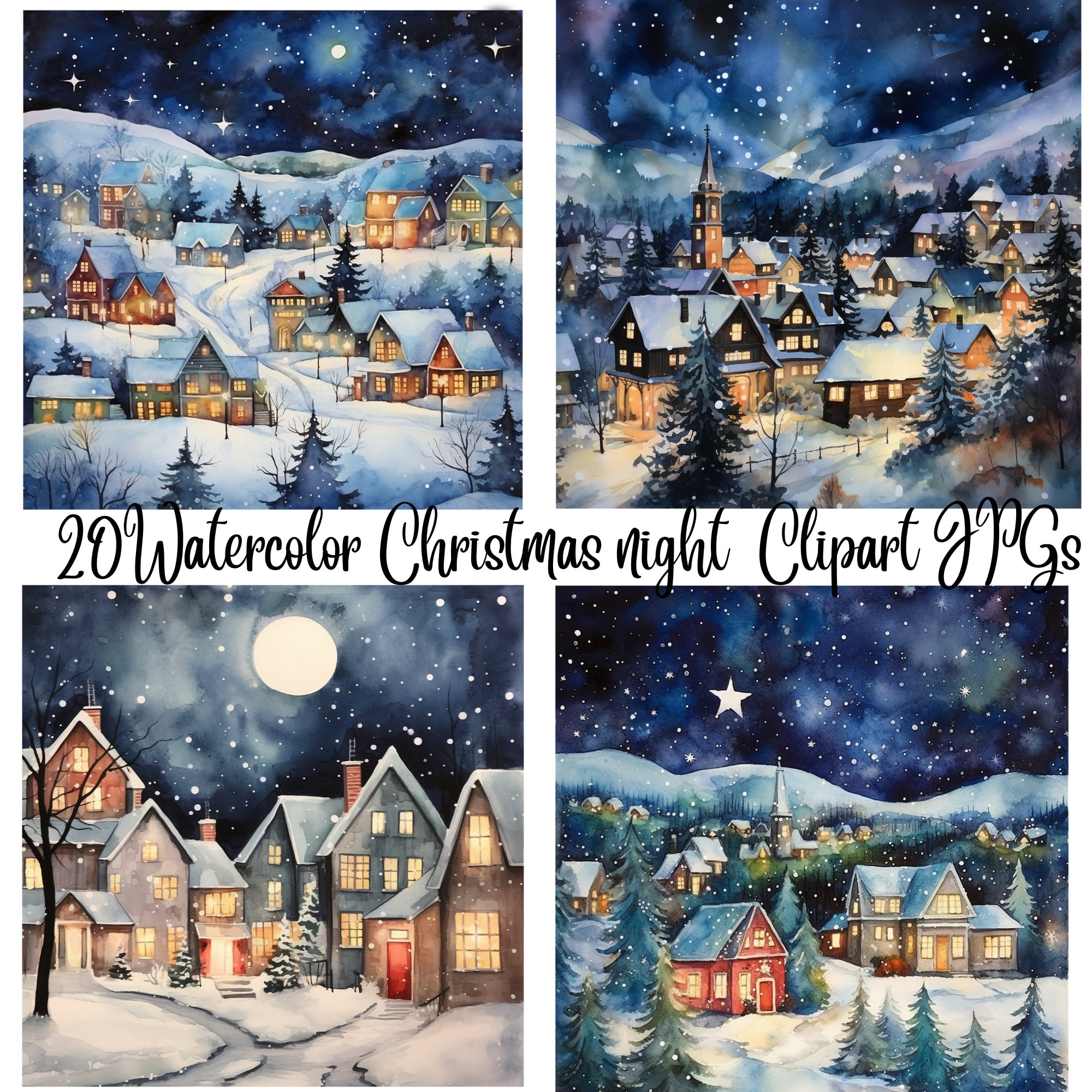 14 Watercolor Christmas Night Clipart Jpgs, Commercial Use,digital ...