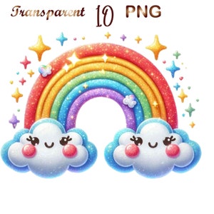 10 Rainbow Clipart Bundle Png,sun,clouds,rainbow Png, Glitter Rainbow Png, Digital Download ...
