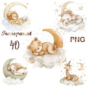 40 PNG, Watercolor Boho Sleepy Animals Clipart Bundle, Animals Bundle ...