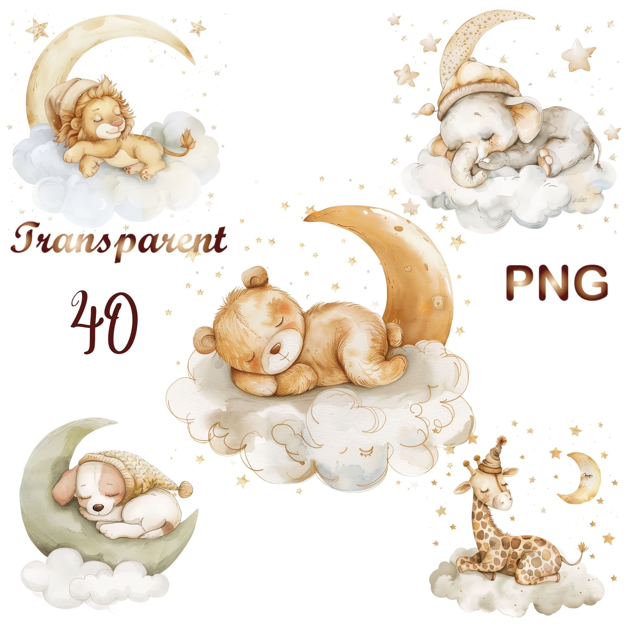 40 PNG, Watercolor Boho Sleepy Animals Clipart Bundle, Animals Bundle ...