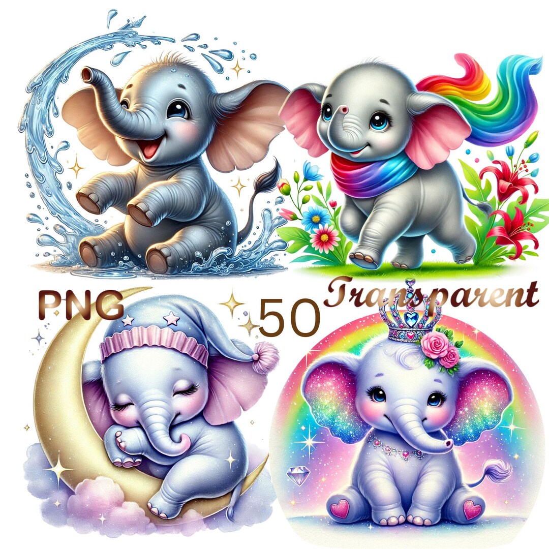 50 PNG Elephant Clipart Bundle, Flower Baby Elephant Sublimation ...