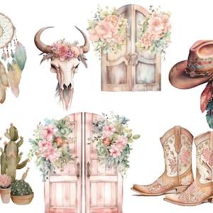 20 Watercolor Western Boho Clipart, Western Clipart, Floral Clipart ...
