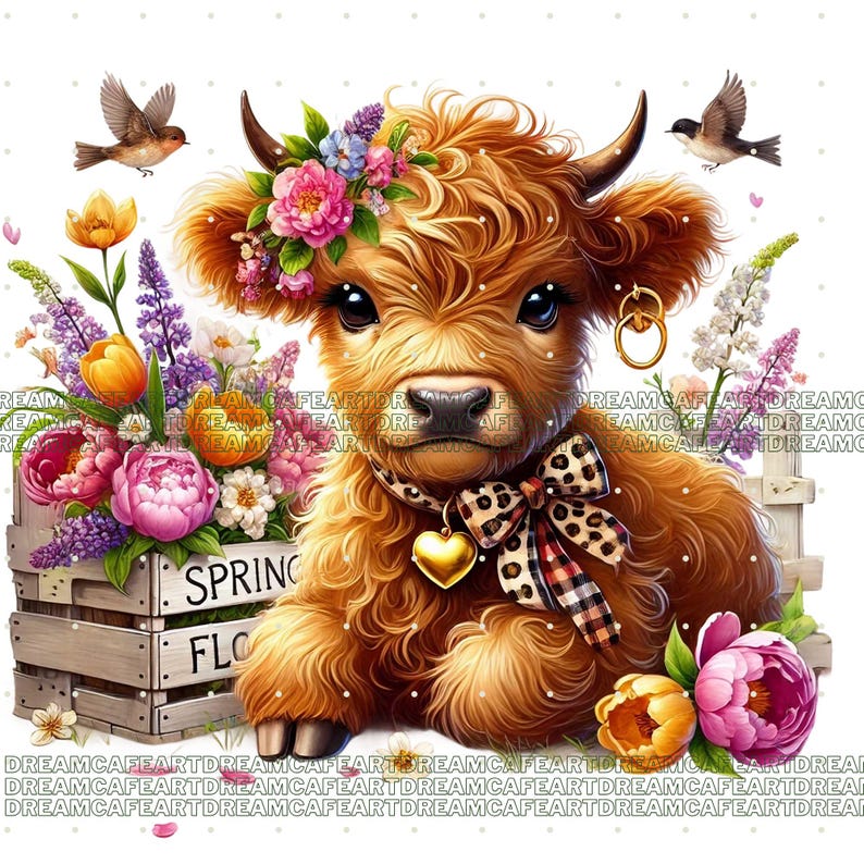 Spring Highland Cow Clipart 34 PNG – Baby Calf Pngs With Flowers, Bunny ...
