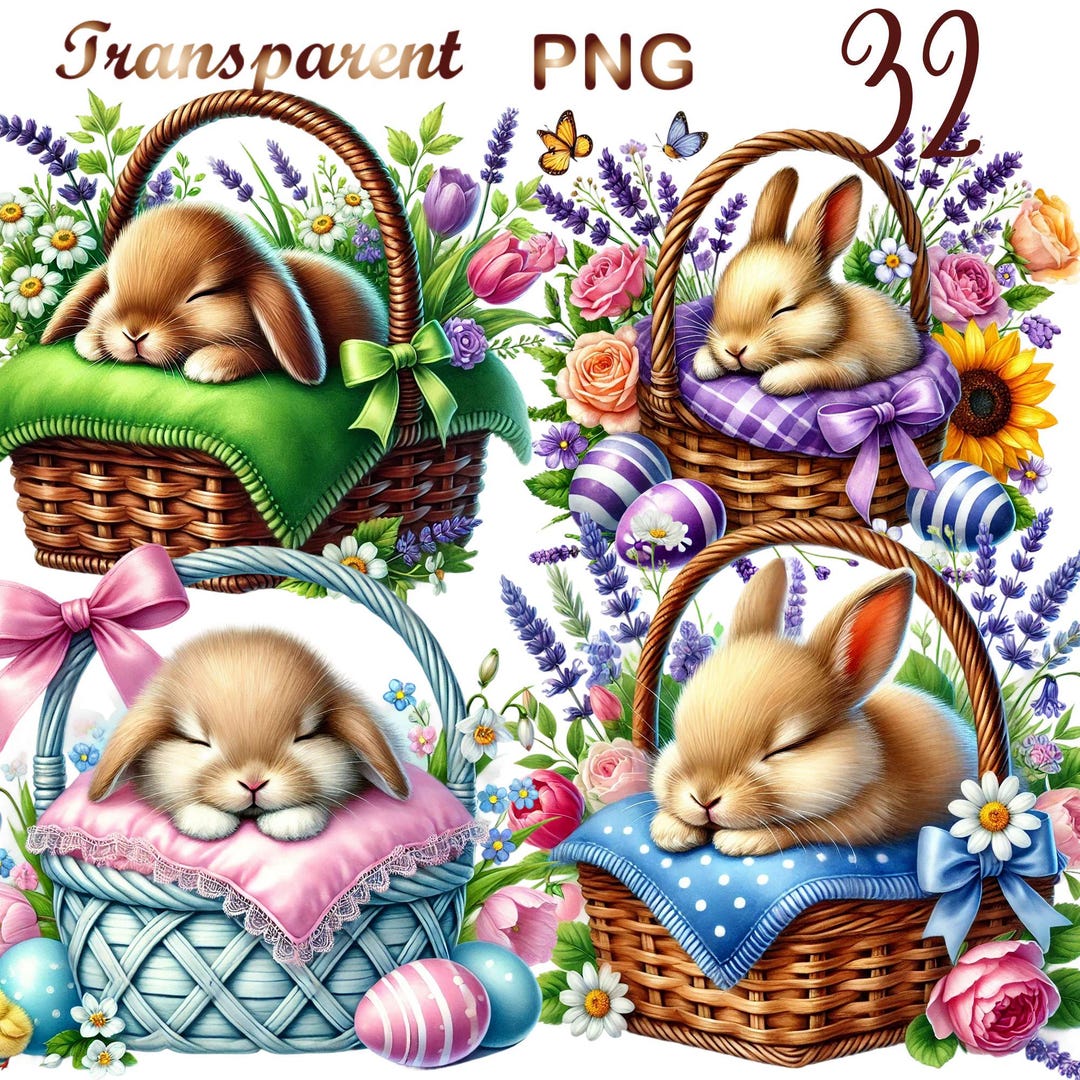 32 PNG Easter Bunny Clipart Bundle, Spring Bunny in a Basket Clipart ...