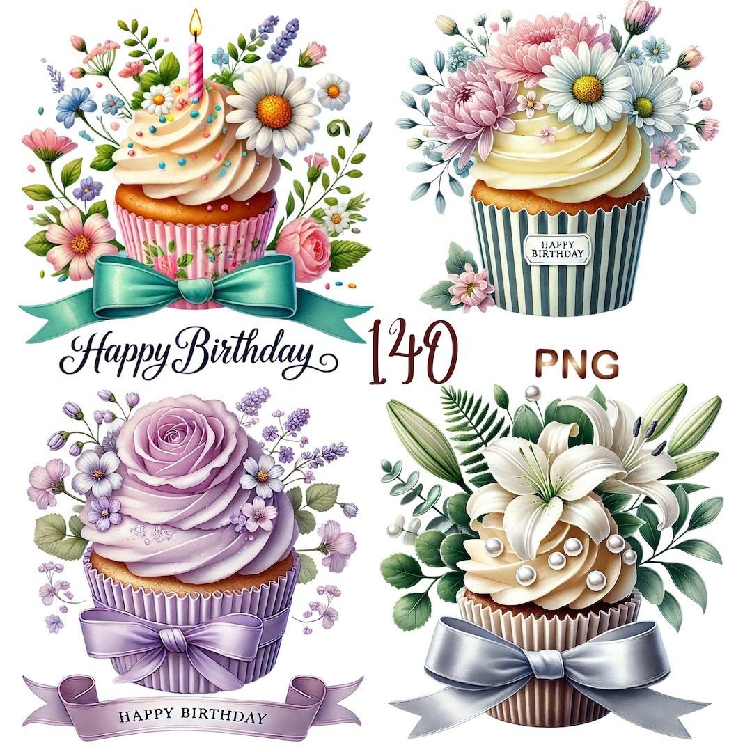 140 PNG Floral Cupcake Clipart Bundle – Watercolor Birthday Cupcakes ...
