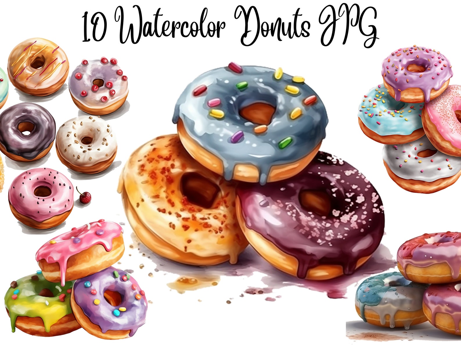 10 Watercolor Donuts Clipart, Donuts Clipart, Doughnut Clipart, Donut ...