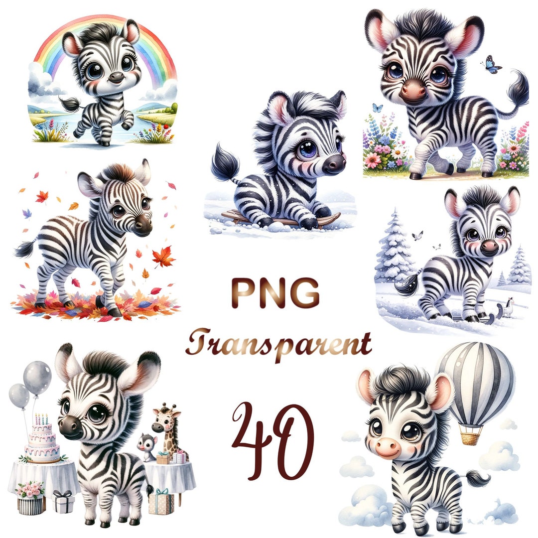 40 PNG, Watercolor Baby Zebra Clipart Bundle, Cute Zebra Clipart ...