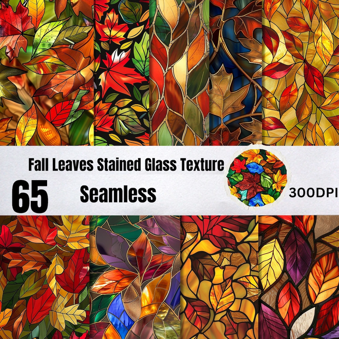 65 Seamless Fall Leaves Stained Glass Digital Papers, Autumn Digital ...