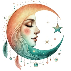 25 JPG Watercolor Boho Moon Clipart Bundle, Watercolor Mystical Floral Moons Clipart, Moons Boho ...