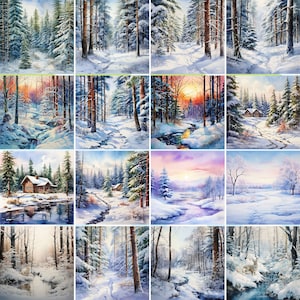 60 Watercolor Printable Winter Woodland Landscape Digital Paper Set ...