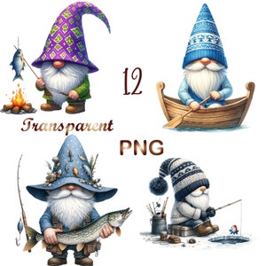 12 PNG, Watercolor Fishing Gnome Clipart PNG, Fishing Clipart Bundle ...