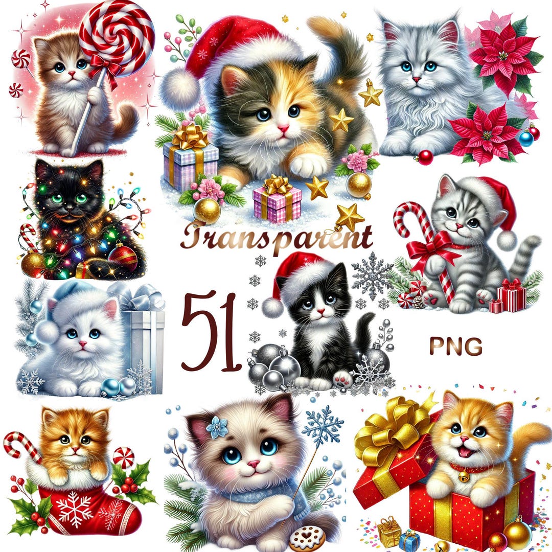 51 PNG Christmas Kitten clipart bundle, Cute Christmas Cats Clipart ...