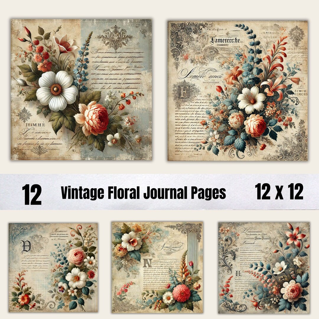 12 Vintage Floral Journal Pages, Junk Journal Kit, Basic Papers ...