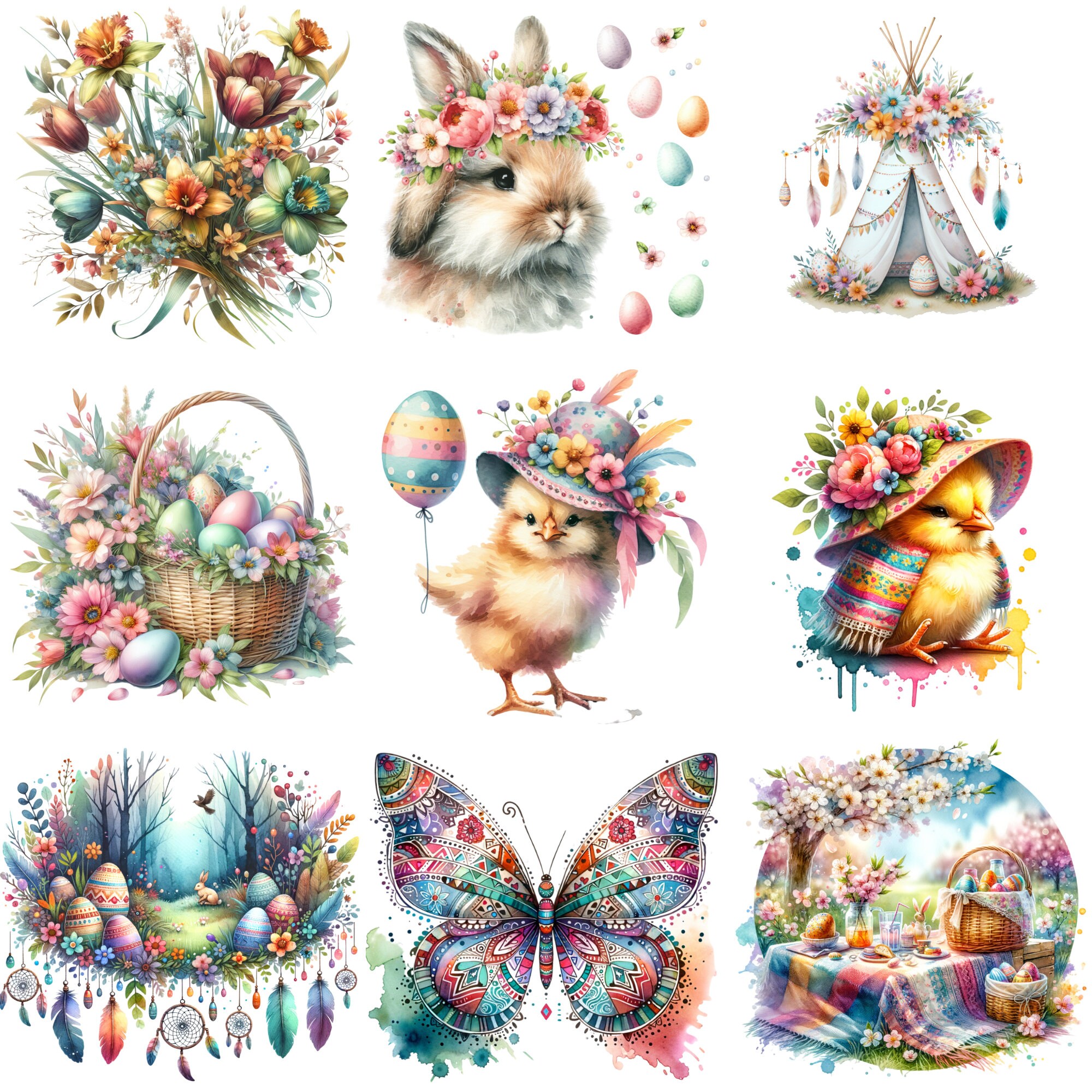 19 Boho Watercolor Easter Spring Clipart,boho Easter Clipart,boho ...