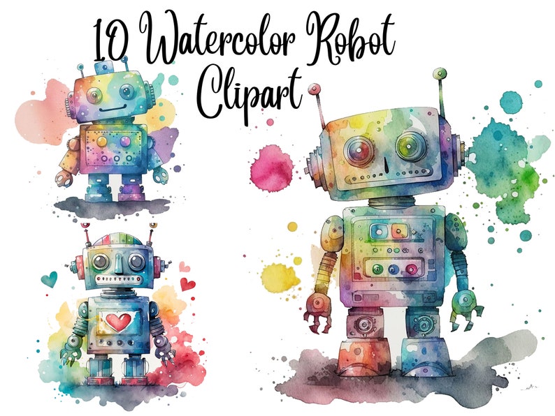 10 Watercolor Robot Clipart Cute Robot Clipart Robot Clip - Etsy