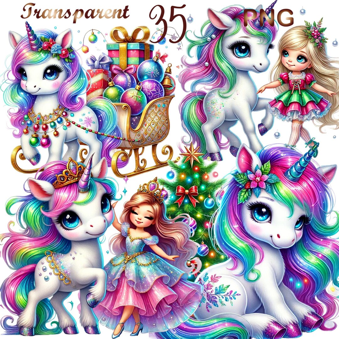 Christmas Unicorns Clipart Bundle 35 PNG, Christmas Clipart, Festive ...