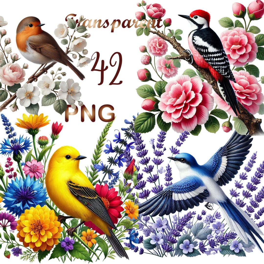 42 PNG Set 2 Floral Birds Clipart Bundle,spring Birds Clipart, Blossom ...
