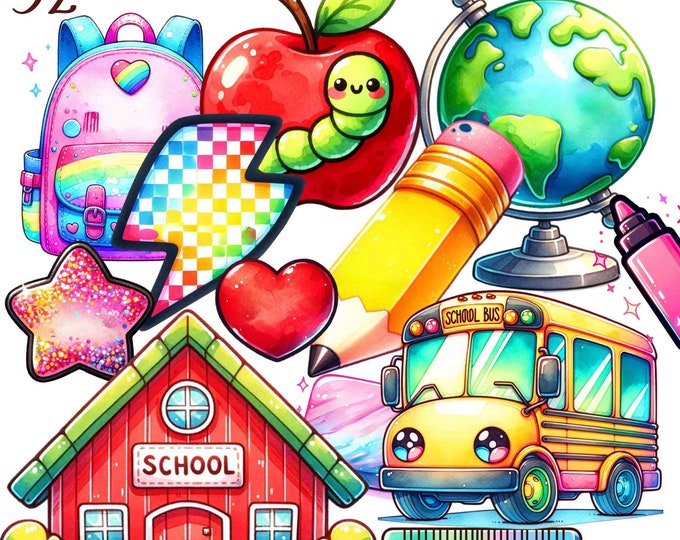 Cute School Clipart Set and Printable Stickers. Cute Digital Clipart ...