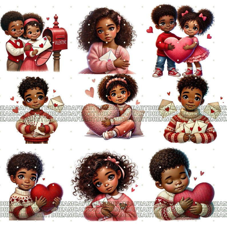 Afro American Valentine Kids Clipart Bundle, 93 PNG Cute Boys and Girls ...