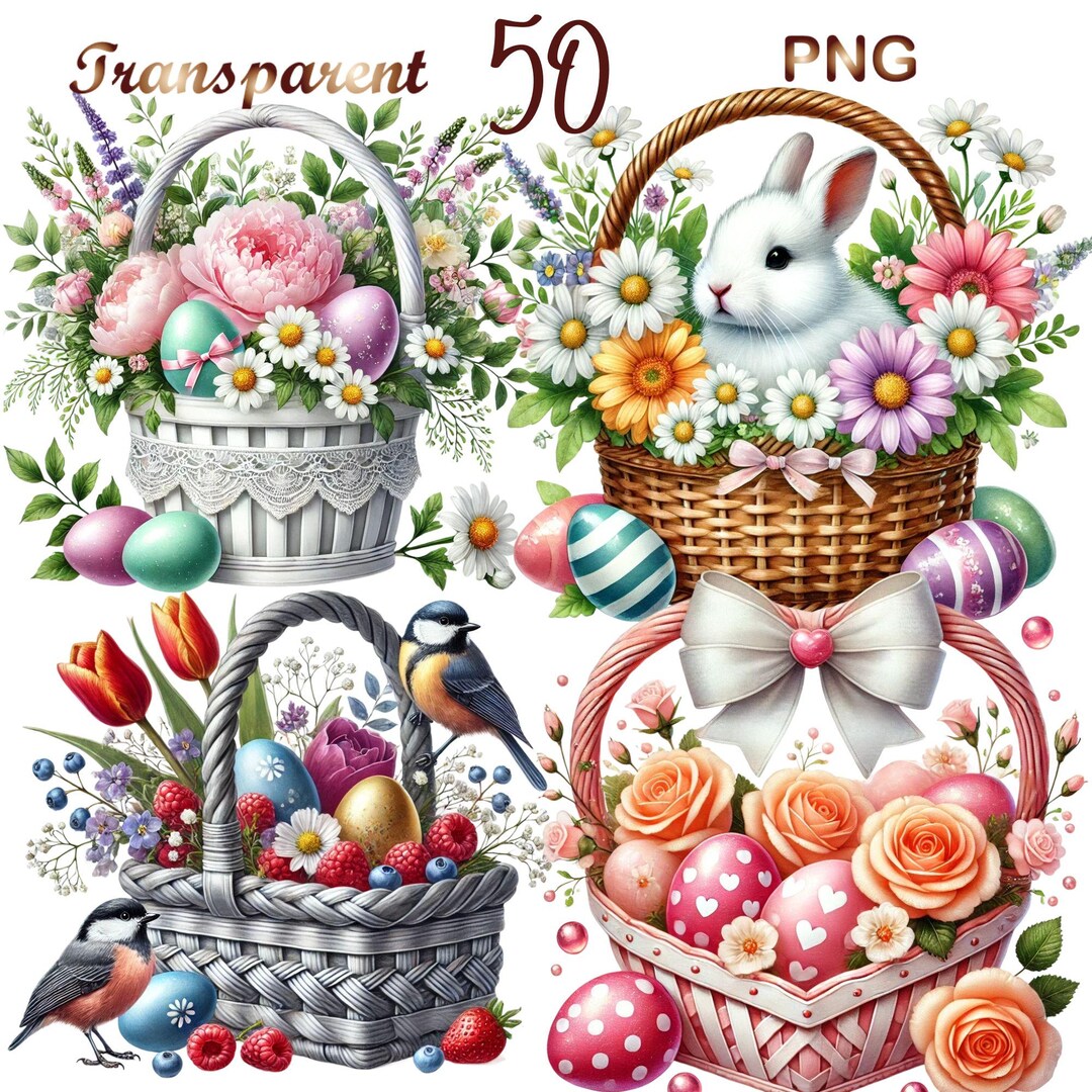 50 PNG Easter Clipart Bundle, Easter Baskets Llustrations Graphics ...