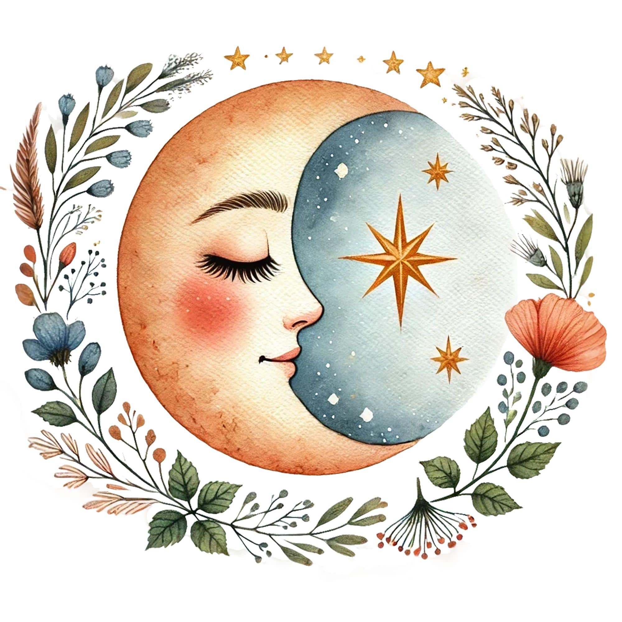 25 JPG Watercolor Boho Moon Clipart Bundle, Watercolor Mystical Floral ...