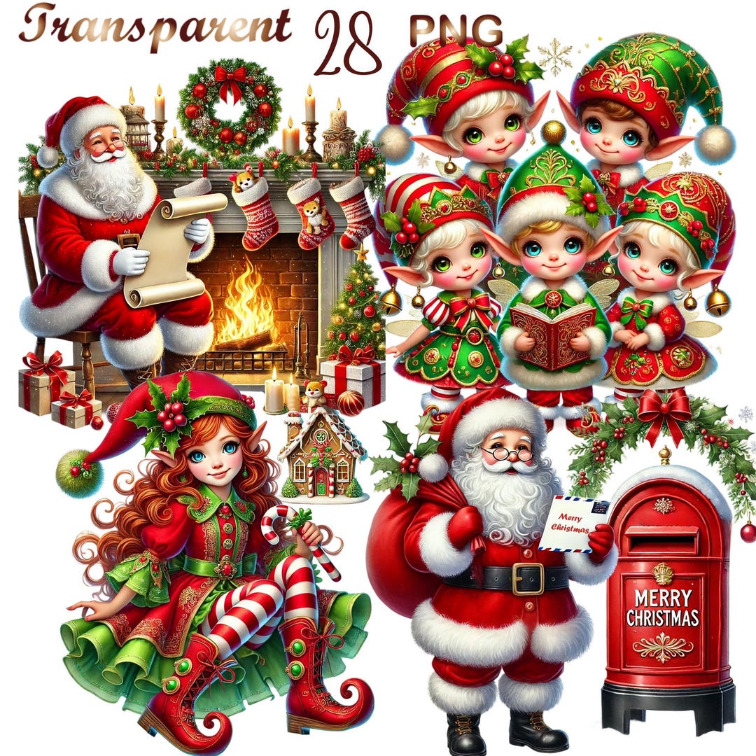 28 PNG Set 1 Elves & Santa Claus Clipart Bundle, Festive Holiday ...