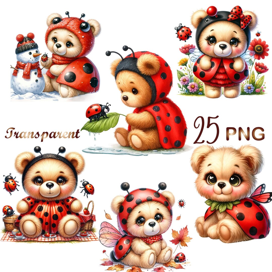 25 PNG, Watercolor Ladybug Teddy Bear Clipart Bundle, Teddy Bear ...