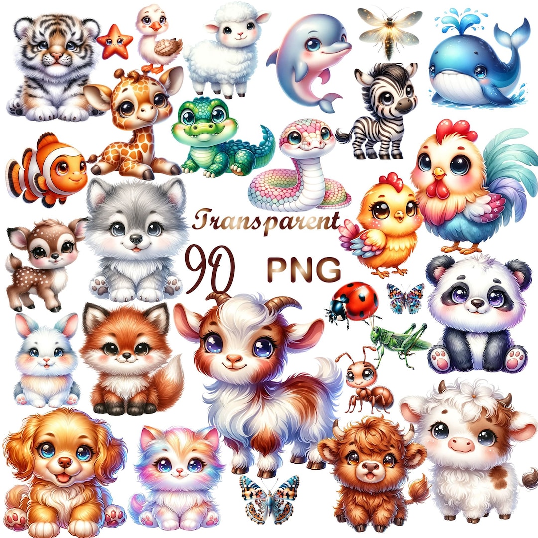 90 PNG, Watercolor Baby Animals Bundle, Cute Animal Clipart, Watercolor ...