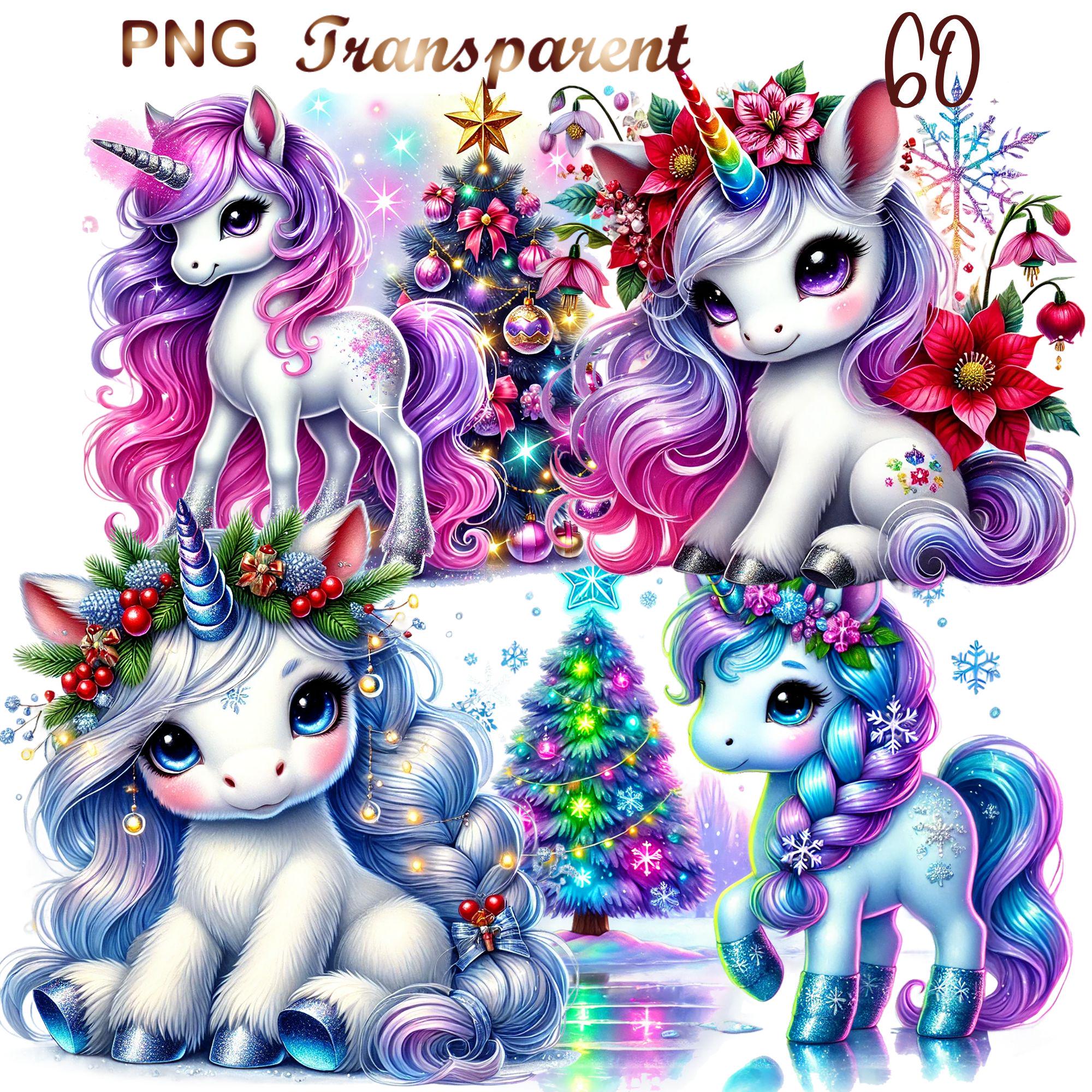 60 PNG Christmas Unicorn Clipart Bundle, Winter Unicorn Designs, Cute ...