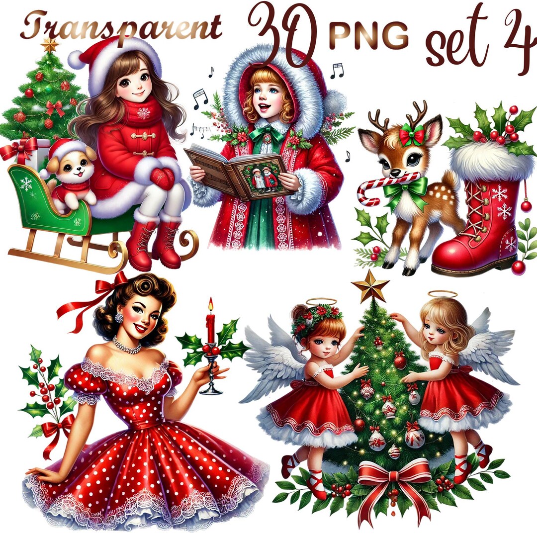 Rétro Christmas Clipart Bundle, 30 PNG Festive Vintage Clipart ...