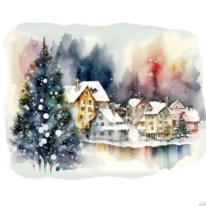 Watercolor Christmas Village Clipart: Winter Holiday Scenes (jpgs ...