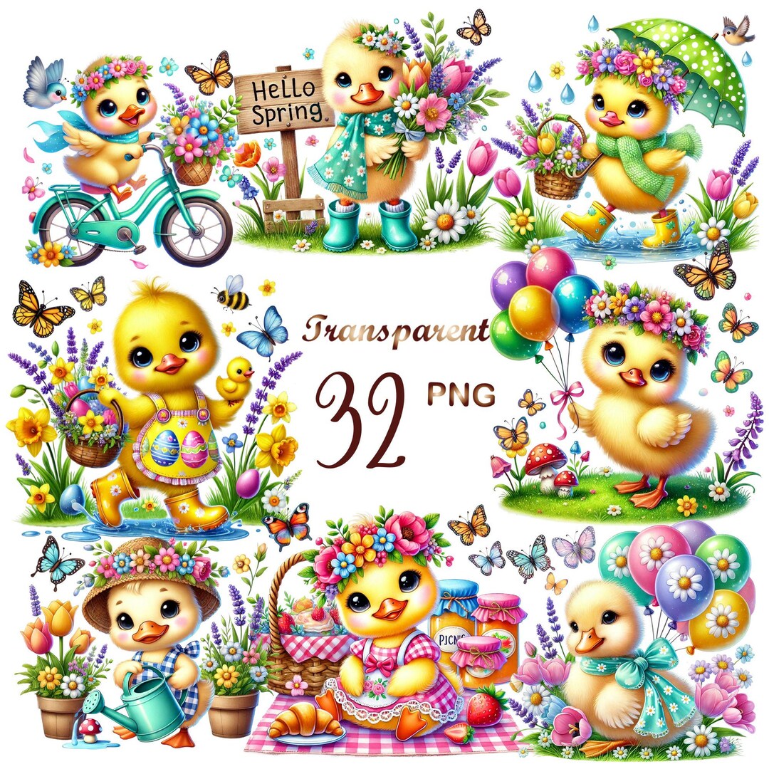 32 PNG Spring Baby Duck Clipart, Cute Duckling PNG Bundle, Hello Spring ...
