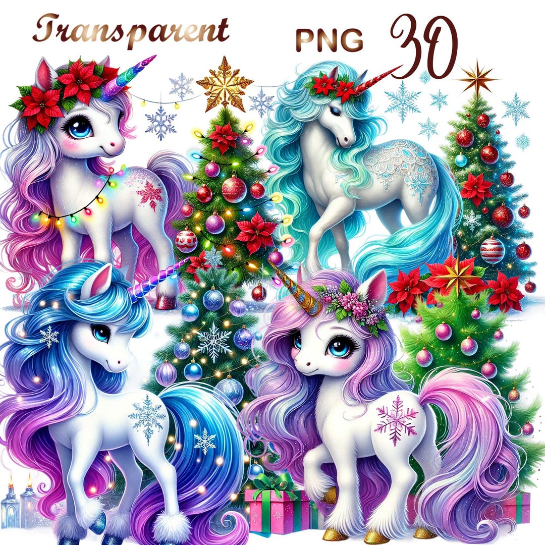 30 PNG Christmas Unicorns Clipart Bundle, Set 5, Festive Unicorn ...