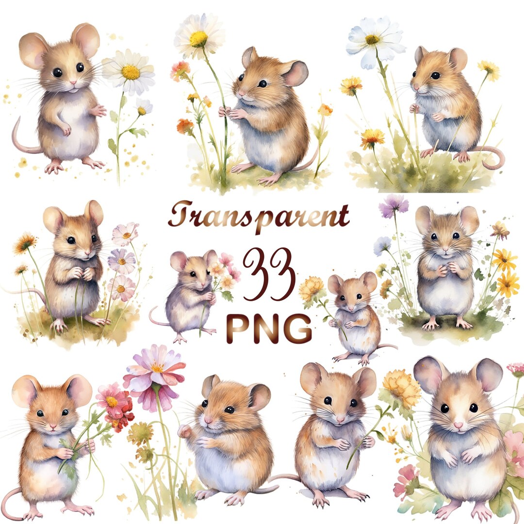33 Flower Mouse Clipart, Mouse and Flower Clipart, Cute Watercolor ...