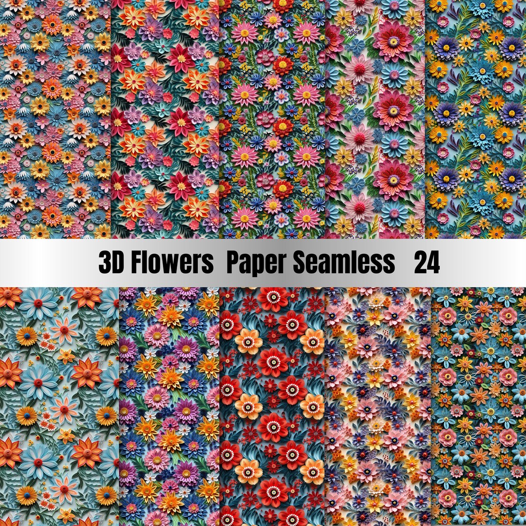 24 3D Flowers Paper Seamless, Digital Paper Pack, 3D Flowers Blossom ...