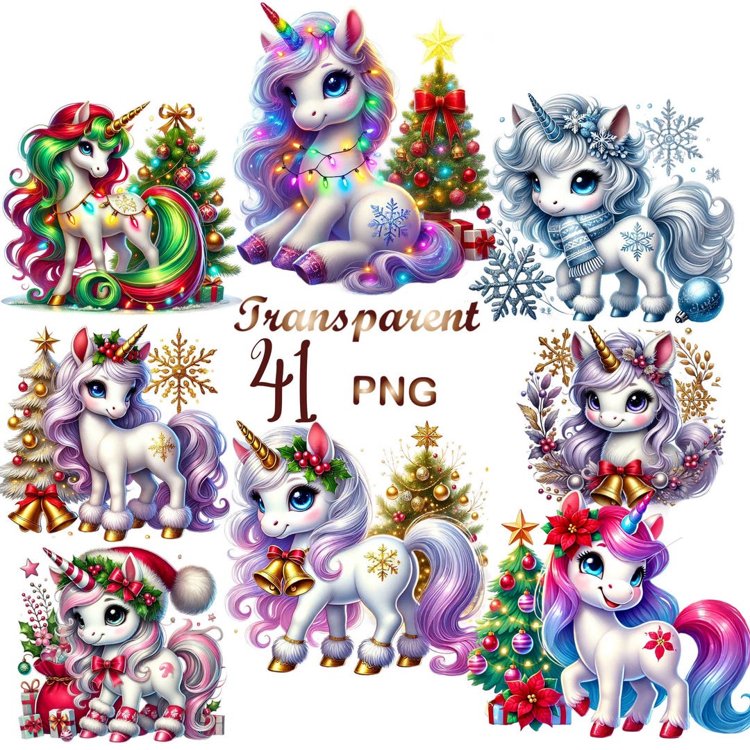 Christmas Unicorns Clipart Bundle 41 PNG, Set 6, Festive Unicorn ...