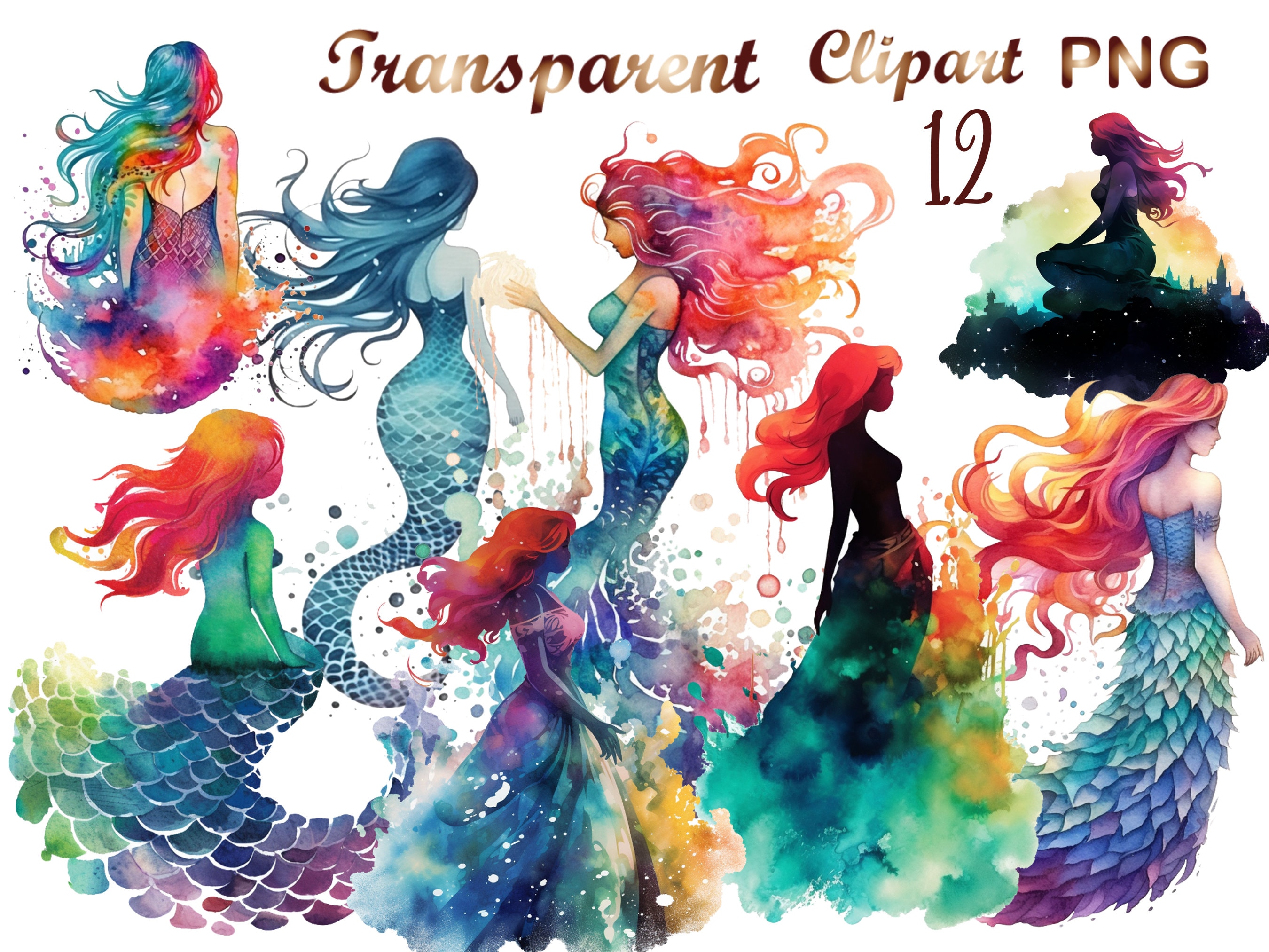 127 PNG, Watercolor Mermaid Clipart Bundle, Mermaid Png, Little Mermaid ...