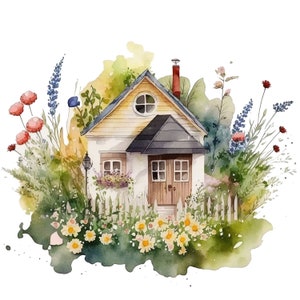 10 Jpgs, Summer Cottages Watercolor Clipart, Digital Planner, Wall Art ...