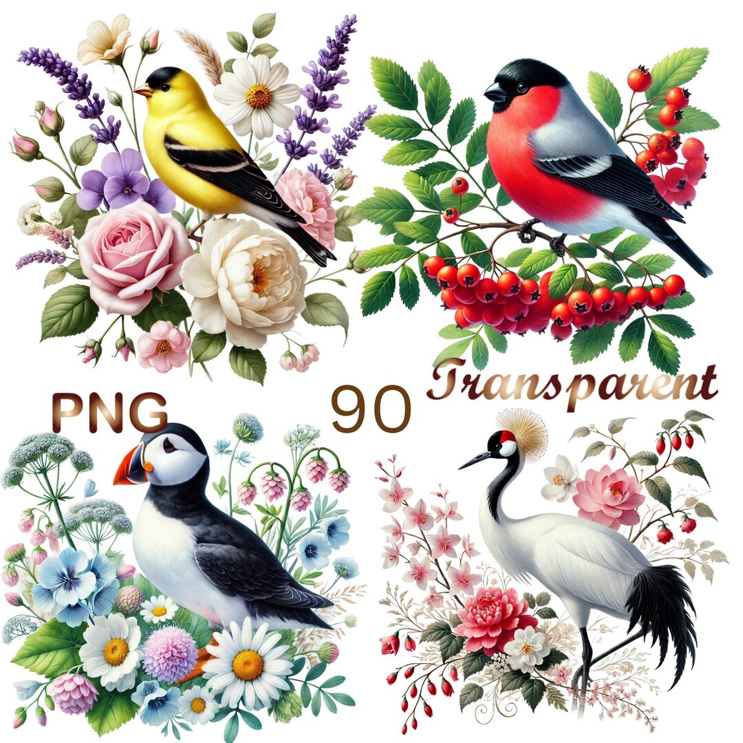 Floral Birds Clipart Bundle -90 Pngs | Blossom Bird Graphics | Colorful ...