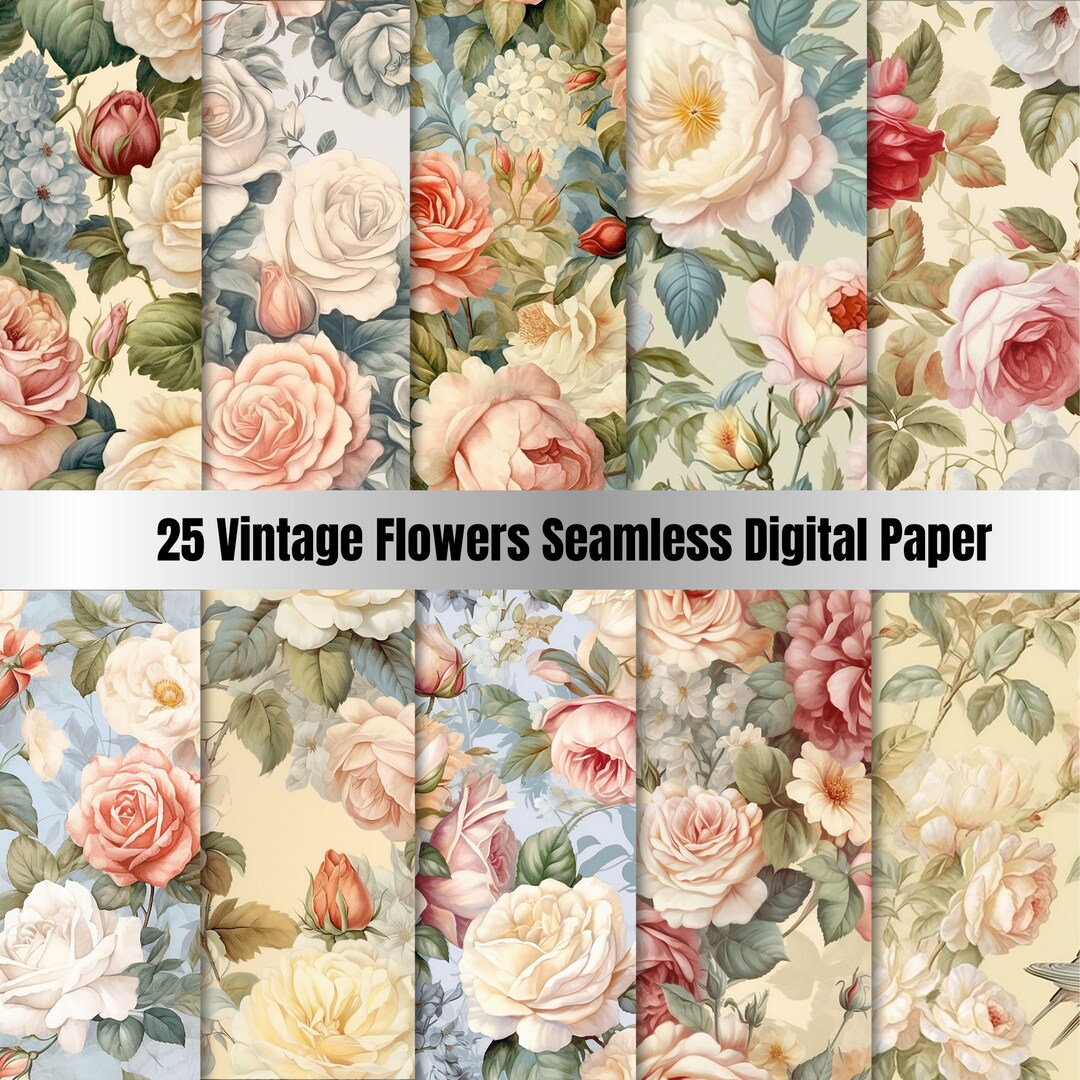 25 Vintage Flowers Seamless Digital Paper, Shabby Chic Floral Seamless ...