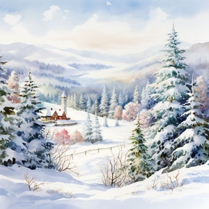 30 Watercolor Printable Winter Village Landscape Digital Paper Set ...