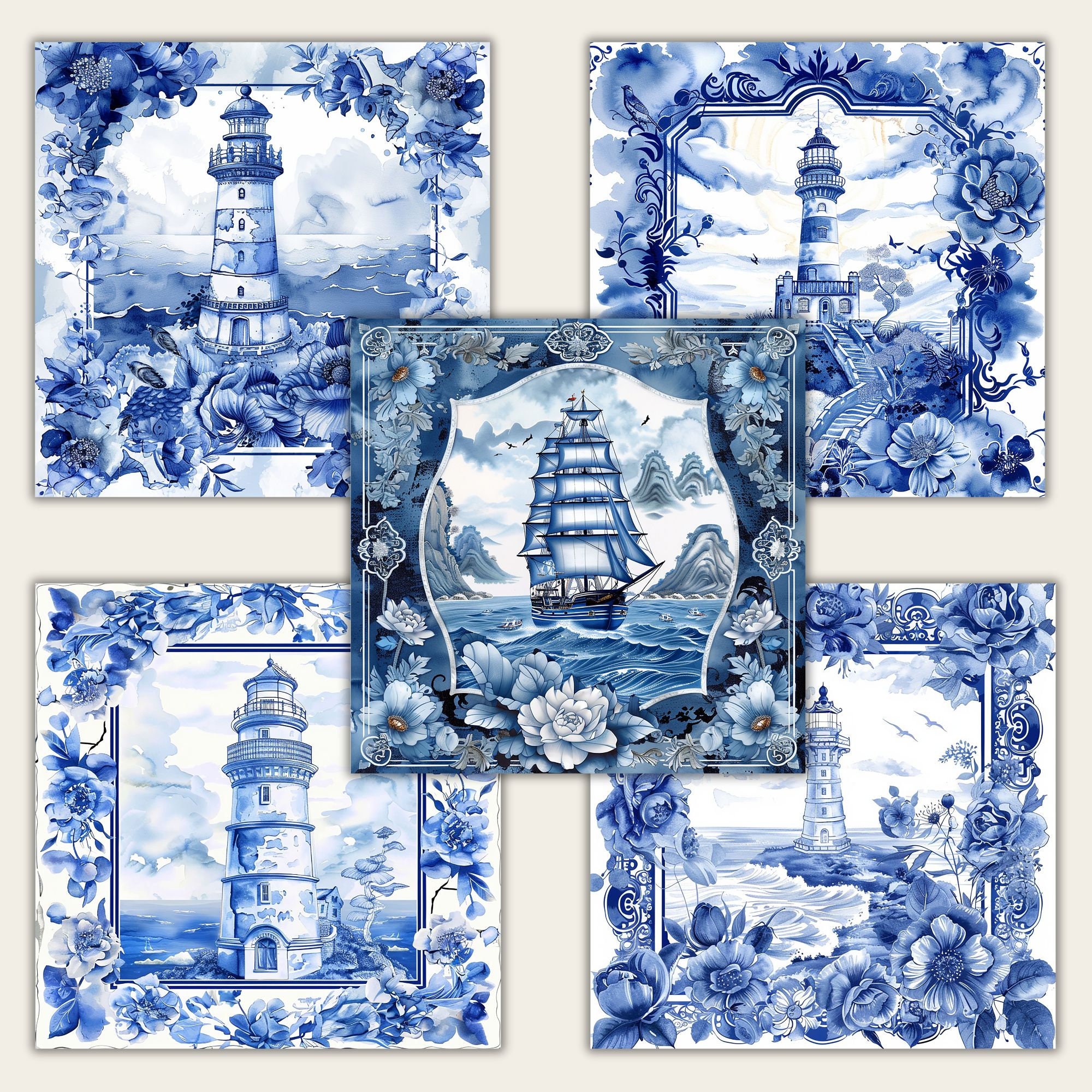 50 Delft Blue Tiles Background Digital Paper Set, Blue Flowers Junk ...