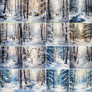 60 Watercolor Printable Winter Woodland Landscape Digital Paper Set ...