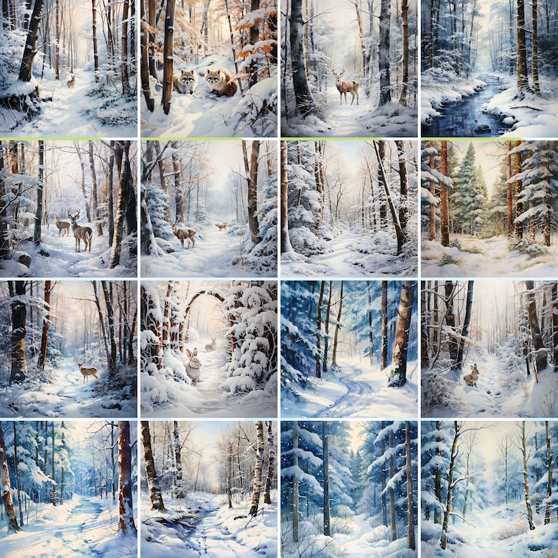 60 Watercolor Printable Winter Woodland Landscape Digital Paper Set ...