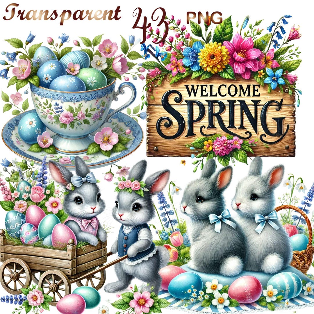 43 PNG Set 7 Easter Clipart Bundle, Spring Holiday Llustrations Designs ...