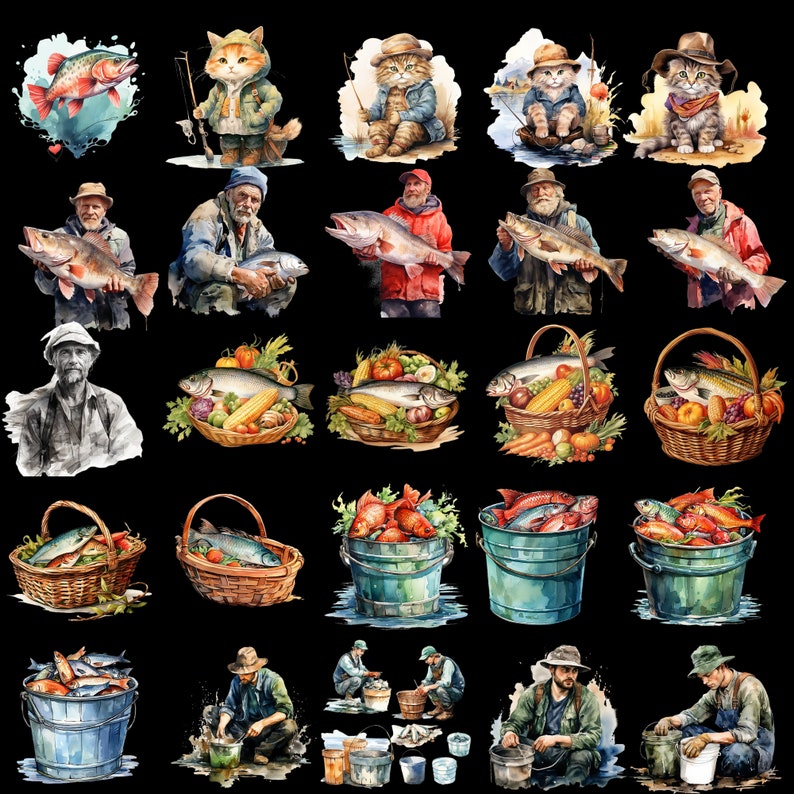 85 Watercolor Fishing Clipart PNG, Fishing Clipart Bundle, Fishing 85 ...